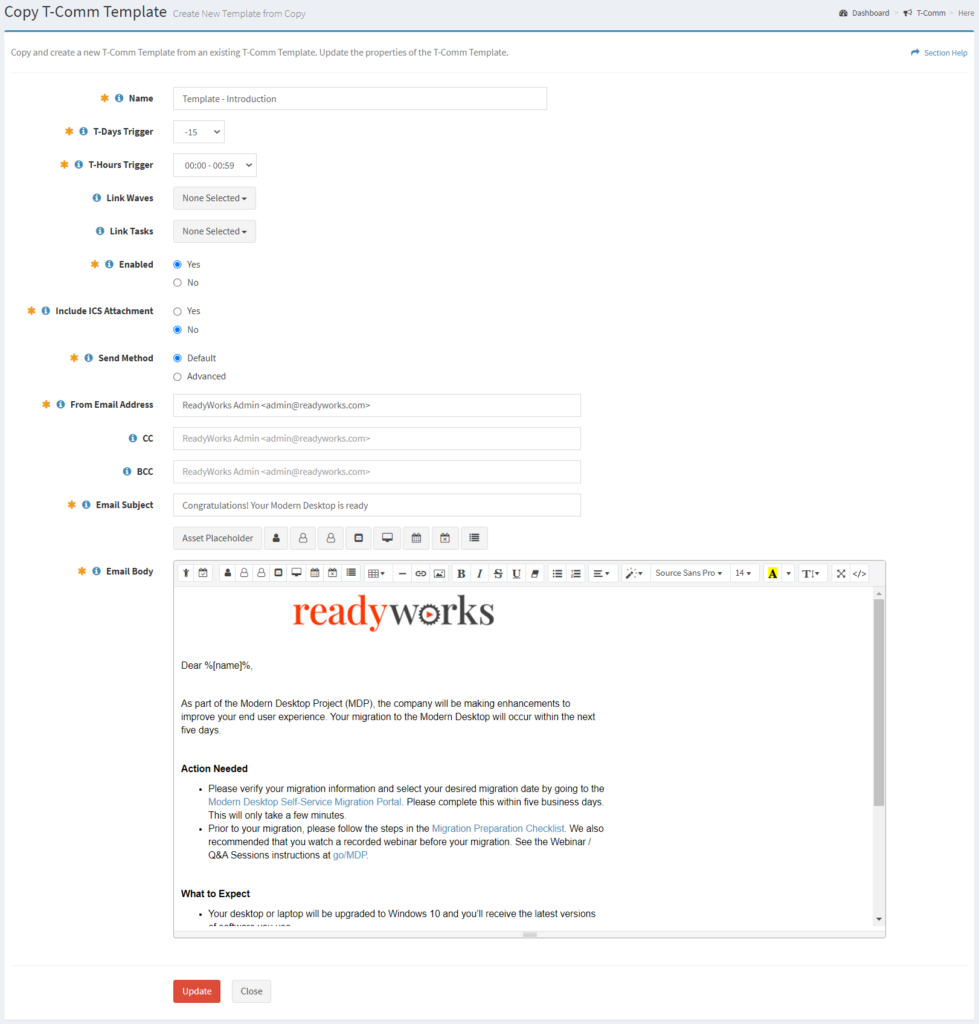 Copy T-Comm Template – ReadyWorks User Guide