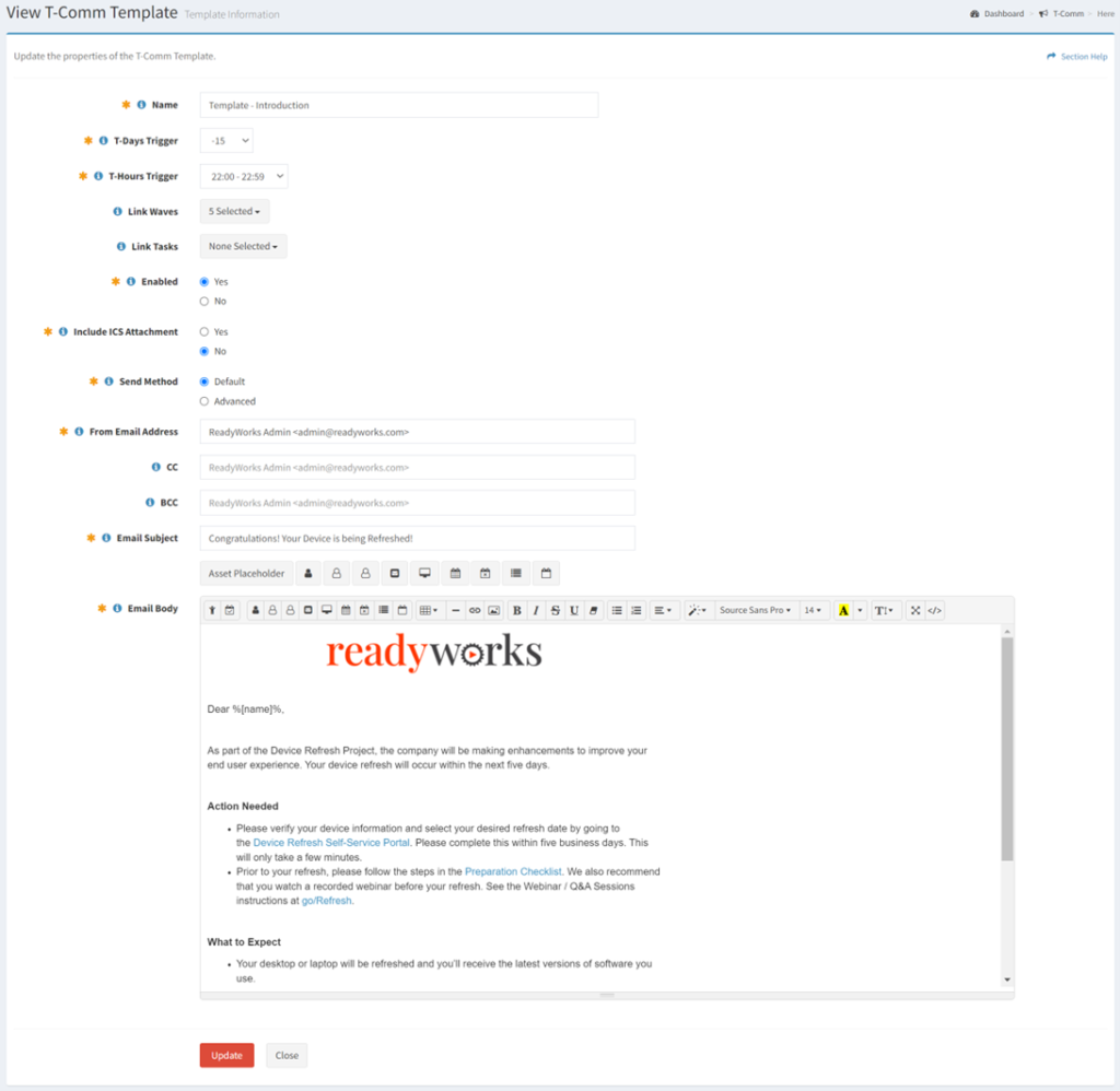 View T-Comm Template – ReadyWorks User Guide