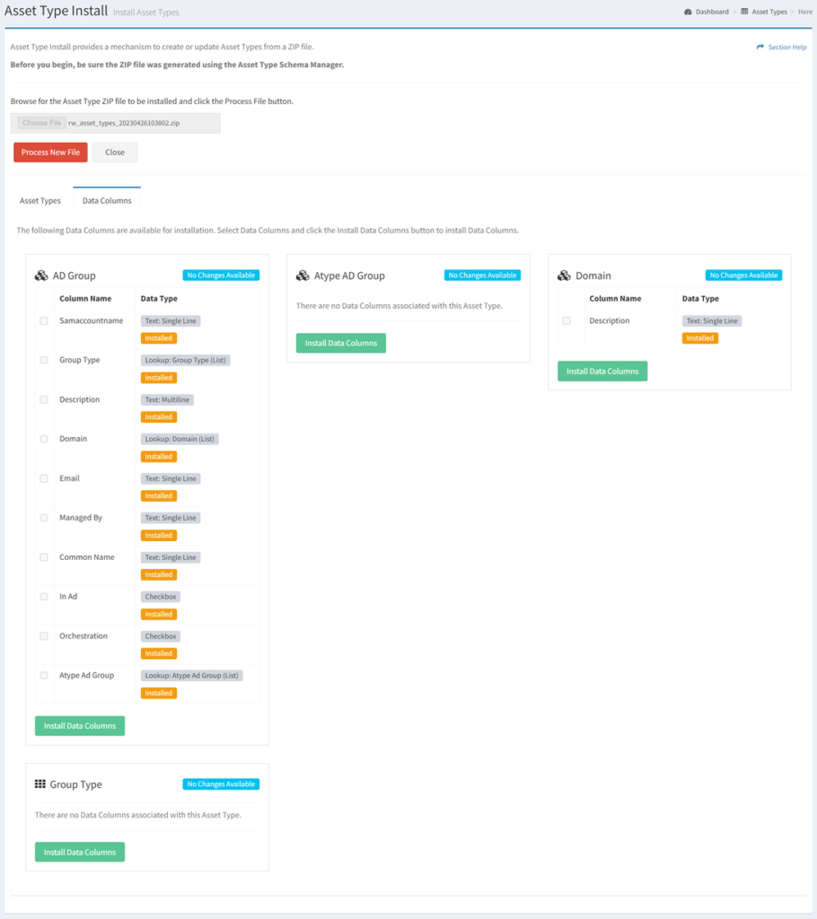 Install Asset Type – ReadyWorks User Guide