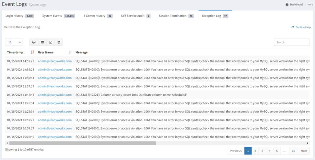 Exception Log – ReadyWorks User Guide